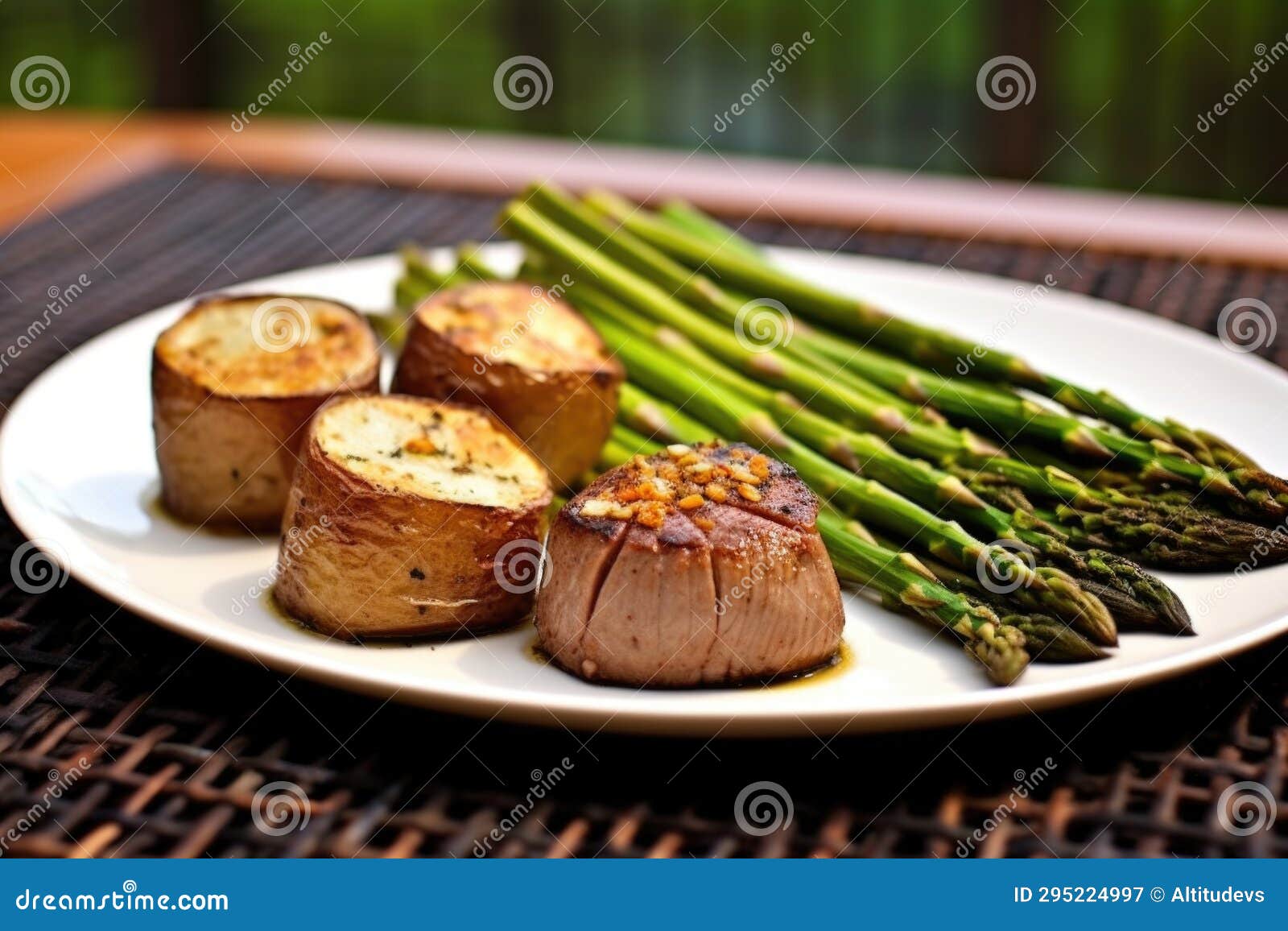 Filet Mignon on Plate with Roasted Potatoes and Asparagus Stock Image ...