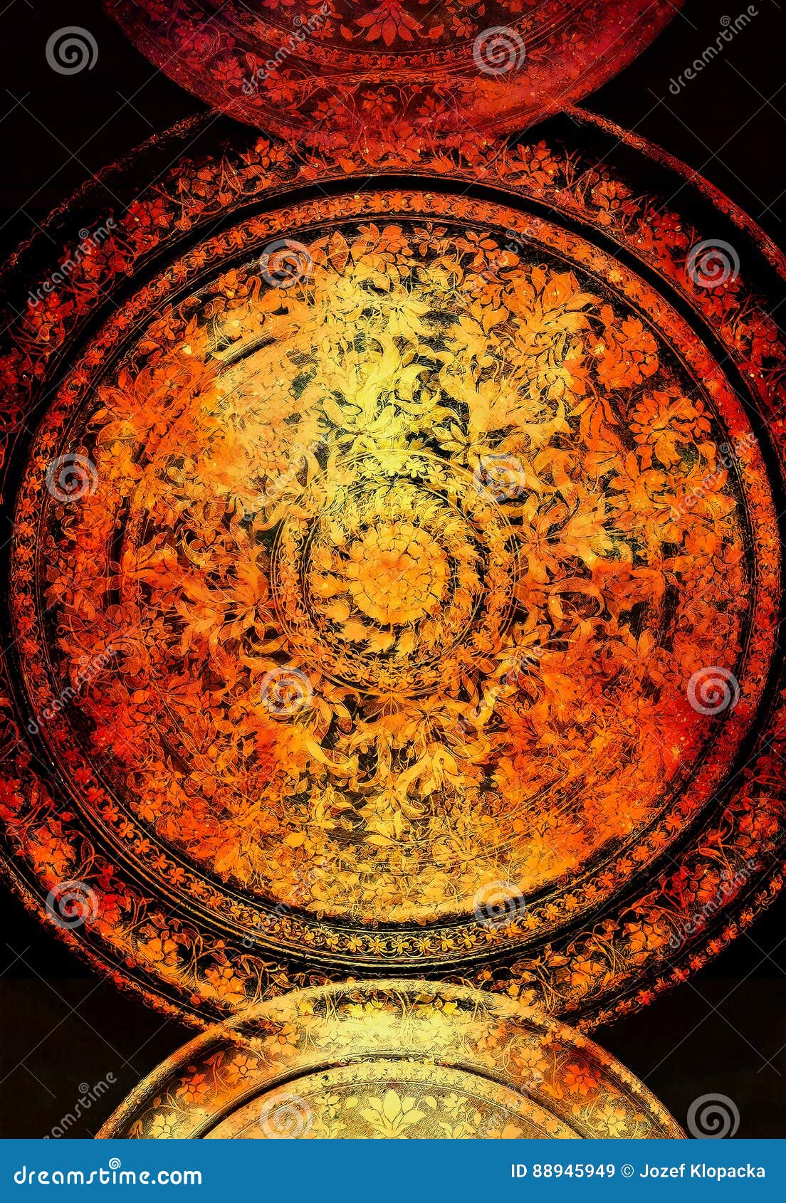 Filigrane Floral Ornament on Black Background, Computer Collage. Fire ...