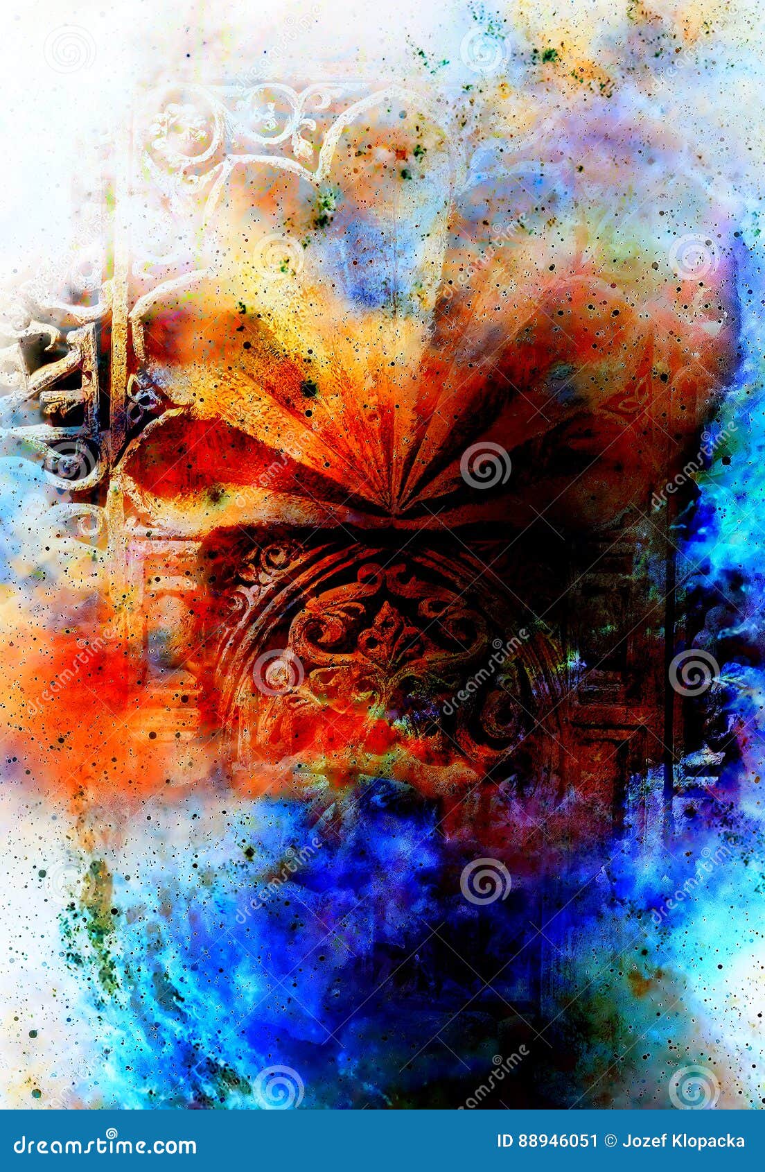 Filigrane Ornamental Structure On Abstract Cosmic Background, Collage ...