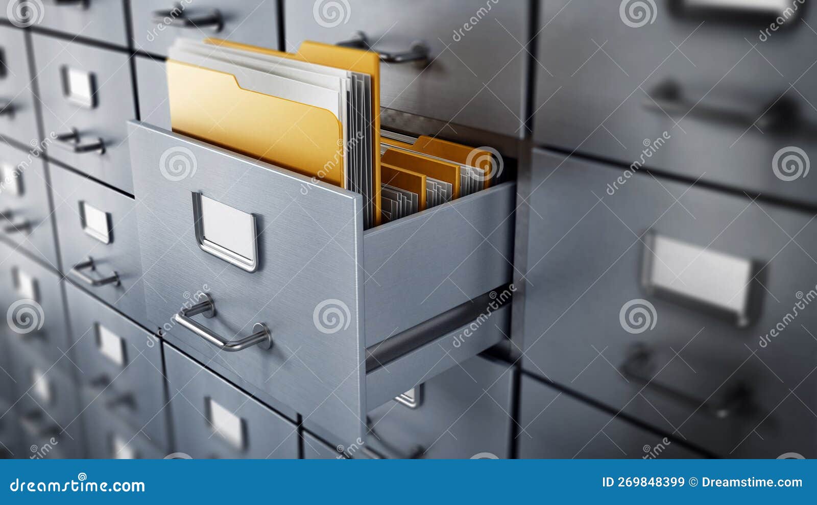Filing Cabinet with a Single Yellow Folder in an Open Drawer. 3D ...
