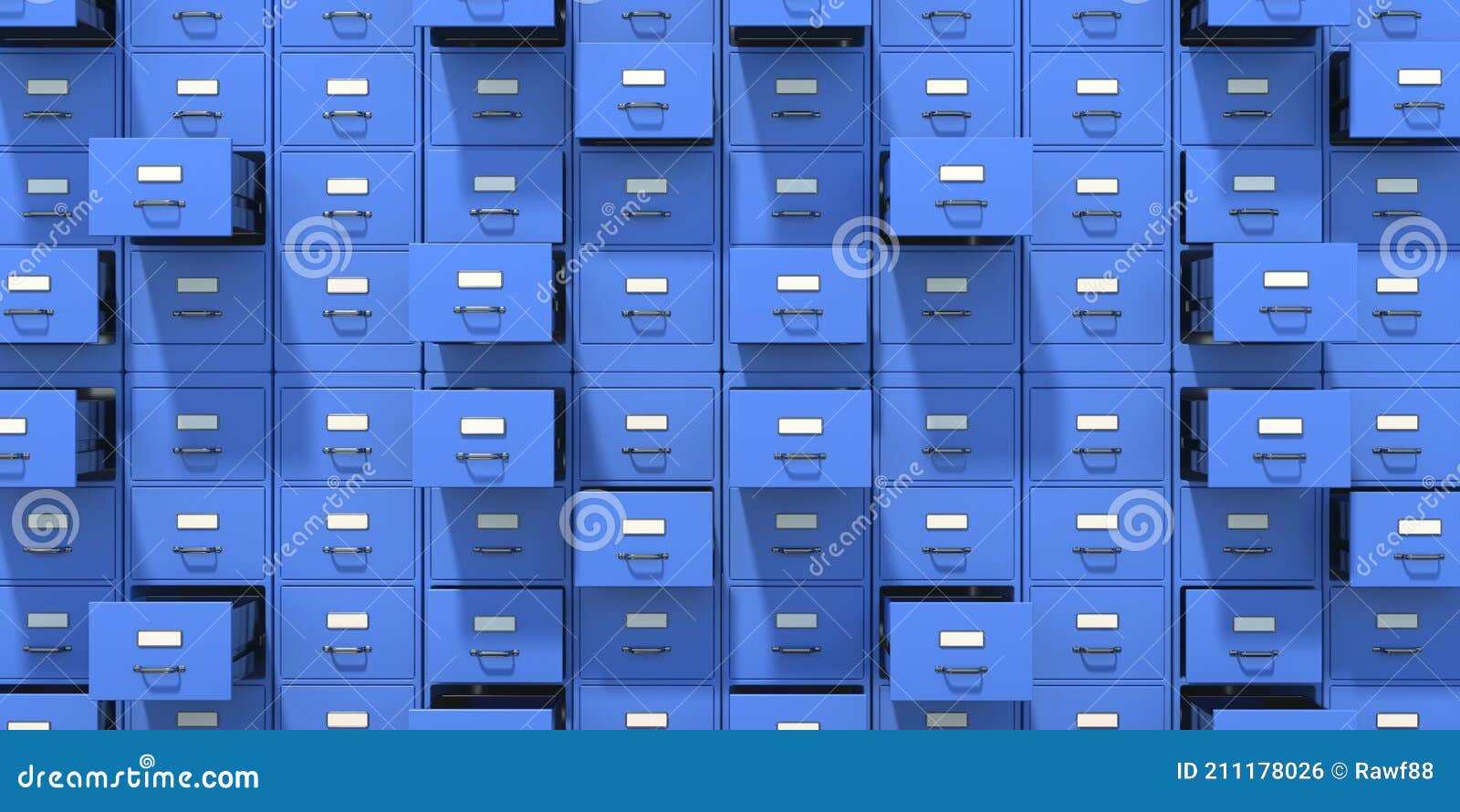 Archive File Cabinets Blue Color Background. Open Drawers. 3d ...