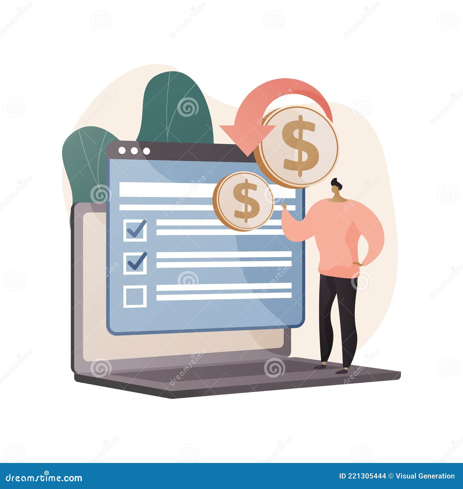 Man Fill Out Online Form. Cartoon Person With Laptop Puts A Mark ...