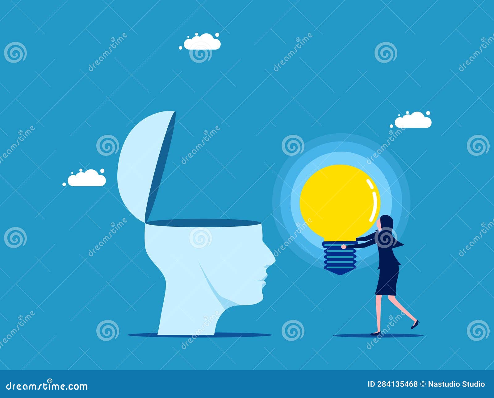 Fill Brain with Knowledge. Businesswoman Giving a Light Bulb To the ...