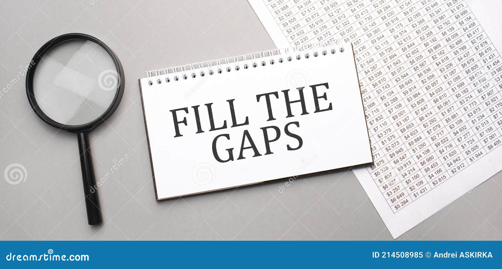 FILL THE GAPS Sign In White Paper Notepad And Magnifying Glass On The ...