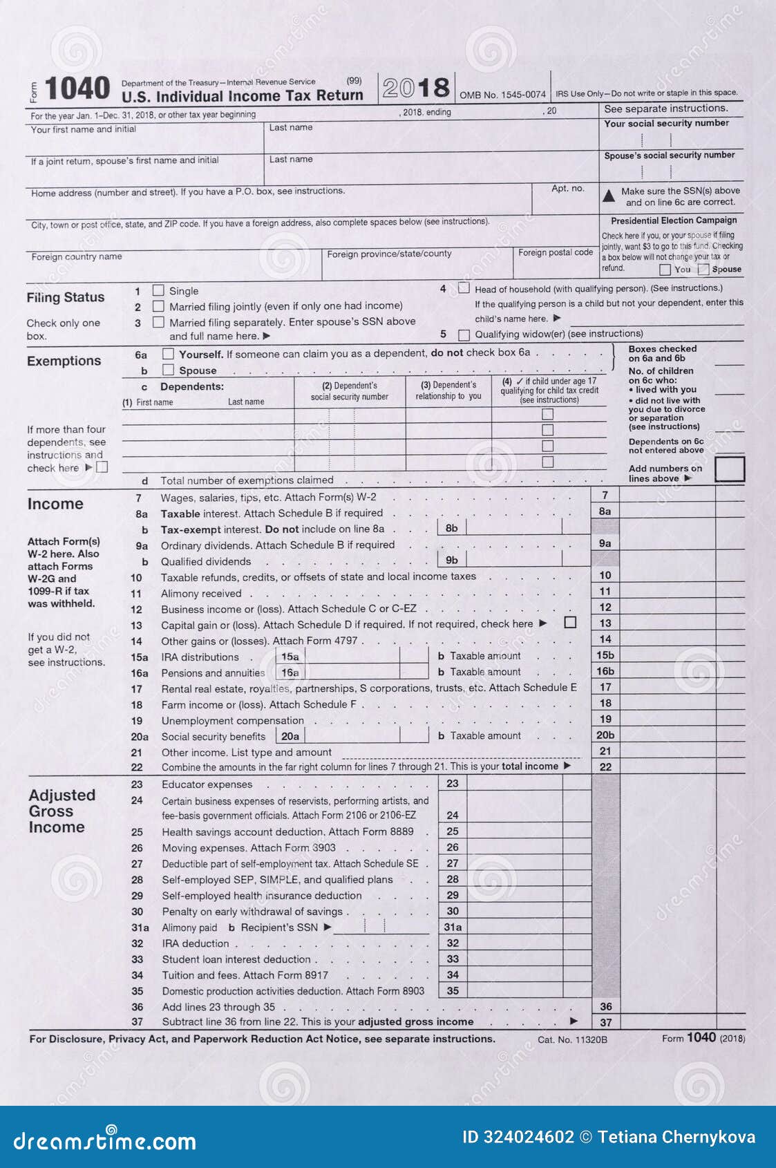 Fill Out US Tax Form 1040 for Verification and Refund Stock Photo ...