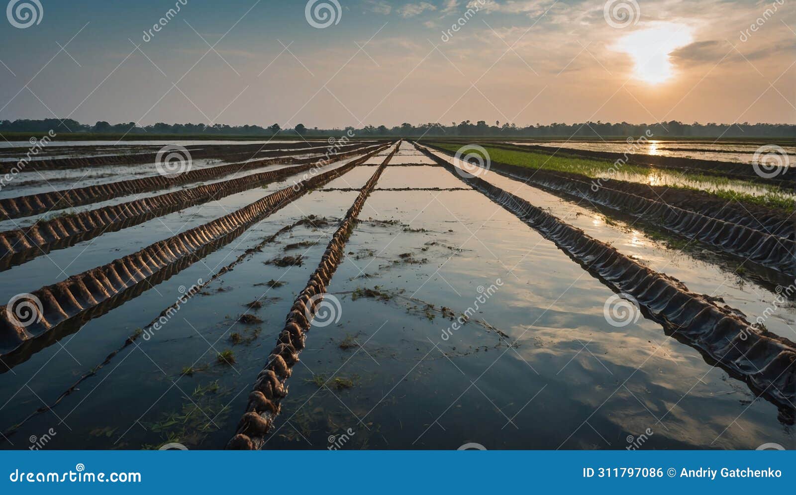 The Field, Ready for Planting Rice, is Filled with Water Up To Horizon ...