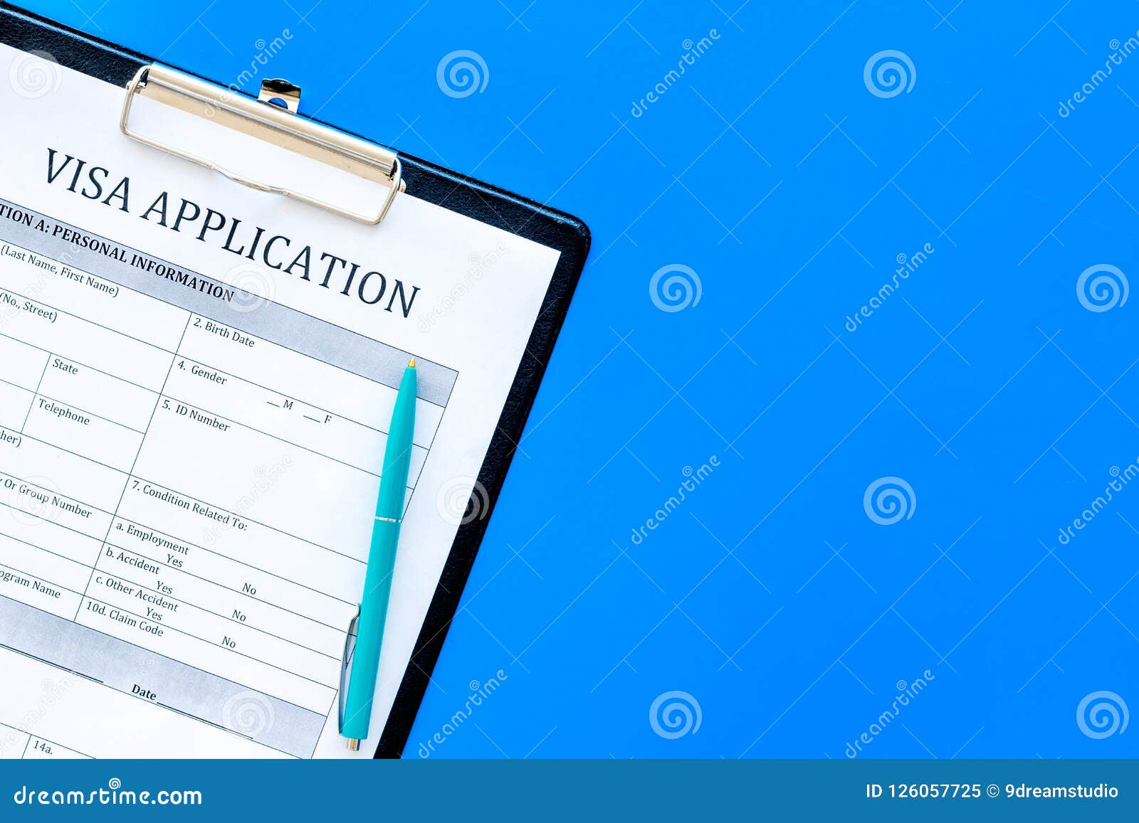Fill Visa Application Form. Empty Blank on Blue Background Top View ...