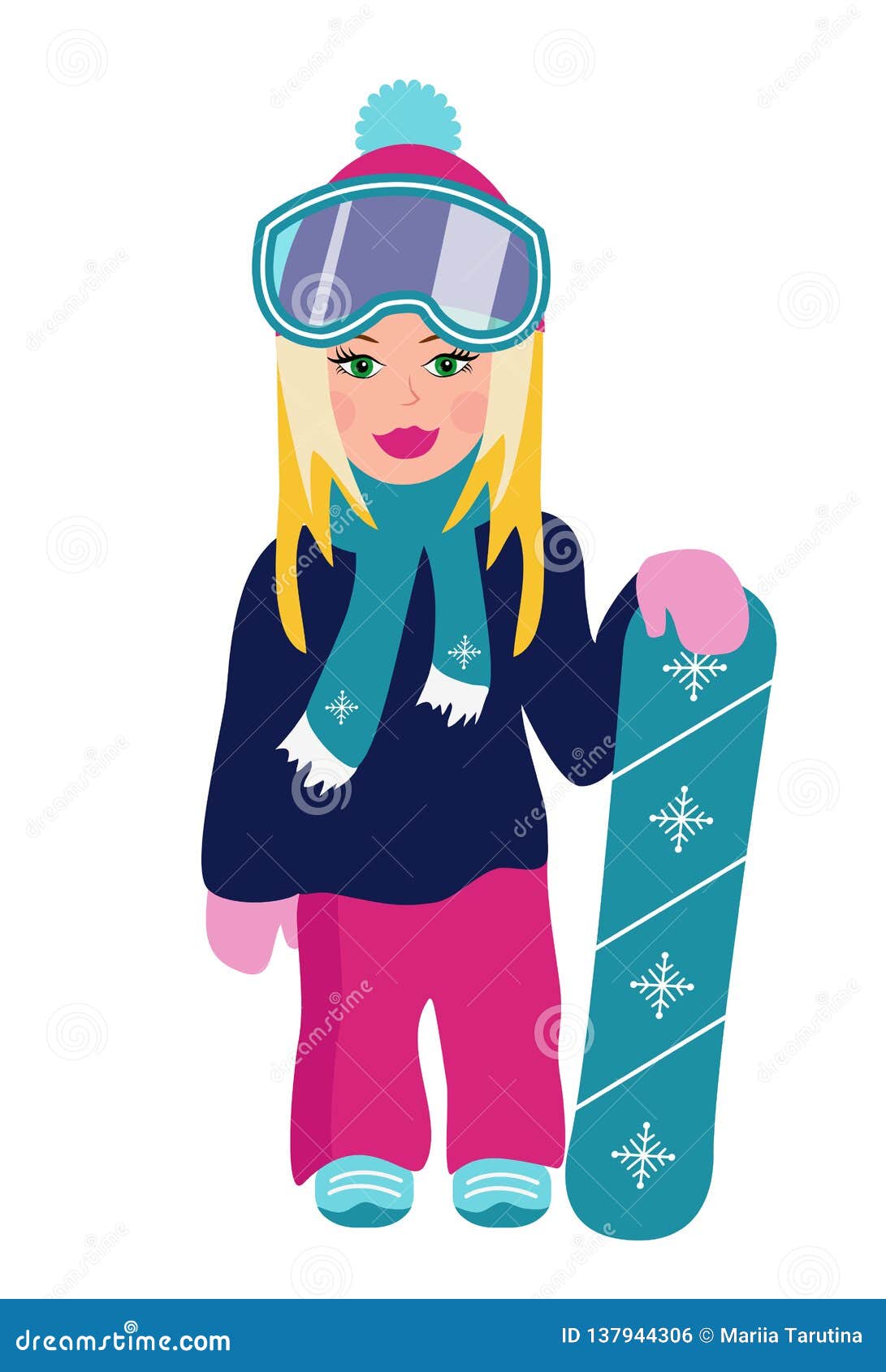 Fille Blonde Avec Le Surf Des Neiges Disolement Sur Le Fond Blanc
