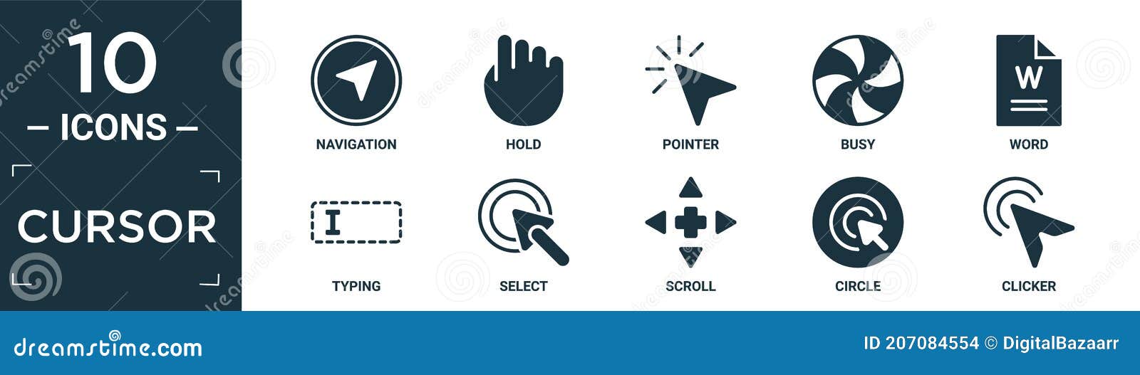 Filled Cursor Icon Set. Contain Flat Navigation, Hold, Pointer, Busy ...