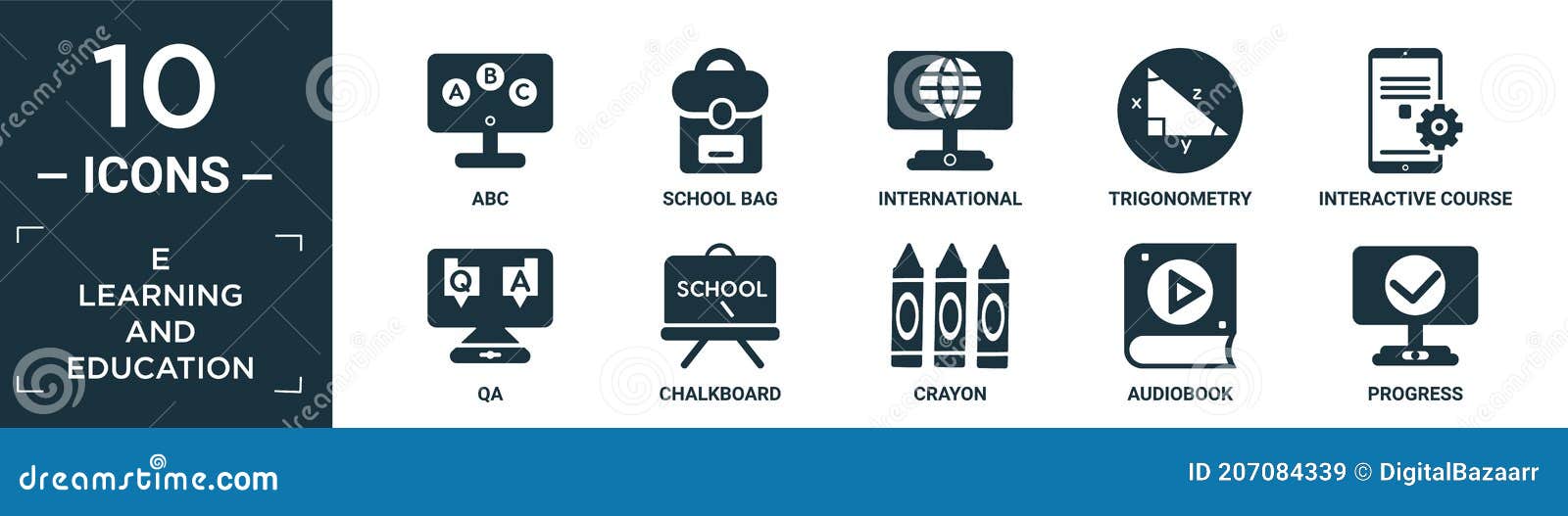 Filled E Learning and Education Icon Set. Contain Flat Abc, School Bag ...