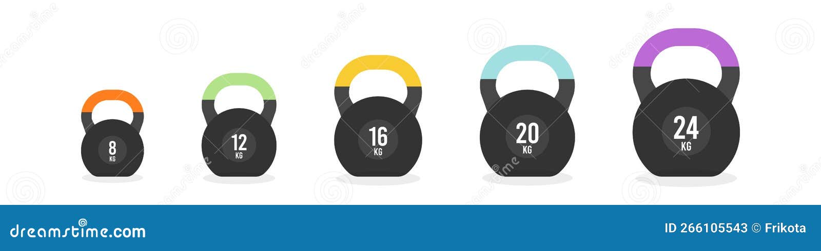 Filled Icon Set Kettlebells. Different Weights, Colors and Sizes: 8, 12, 16, 20 and 24 Kg ...