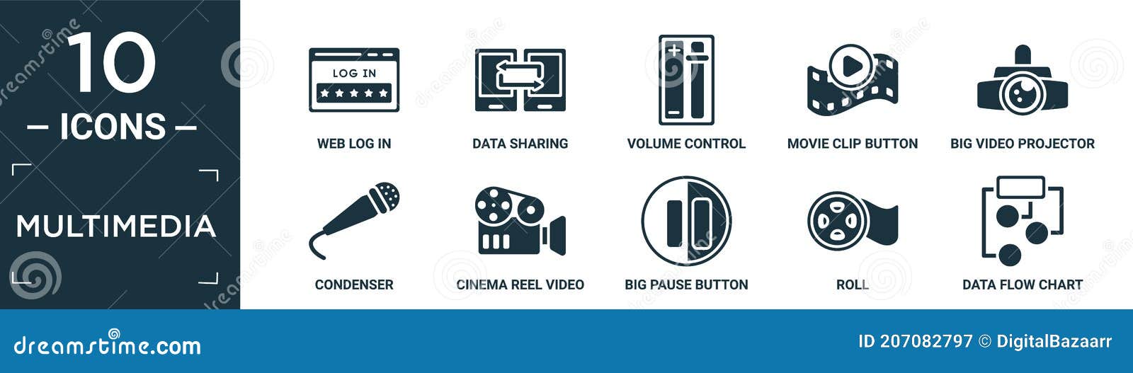 Filled Multimedia Icon Set. Contain Flat Web Log in, Data Sharing ...