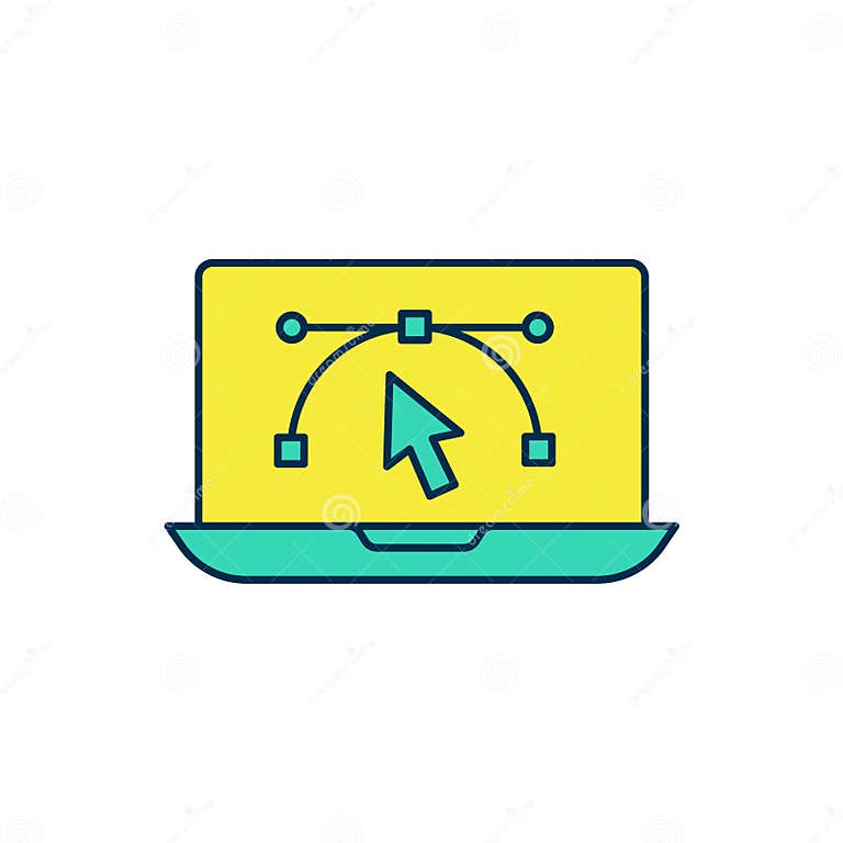 Filled Outline Computer Display with Vector Design Program Icon Isolated on Isolated on White ...