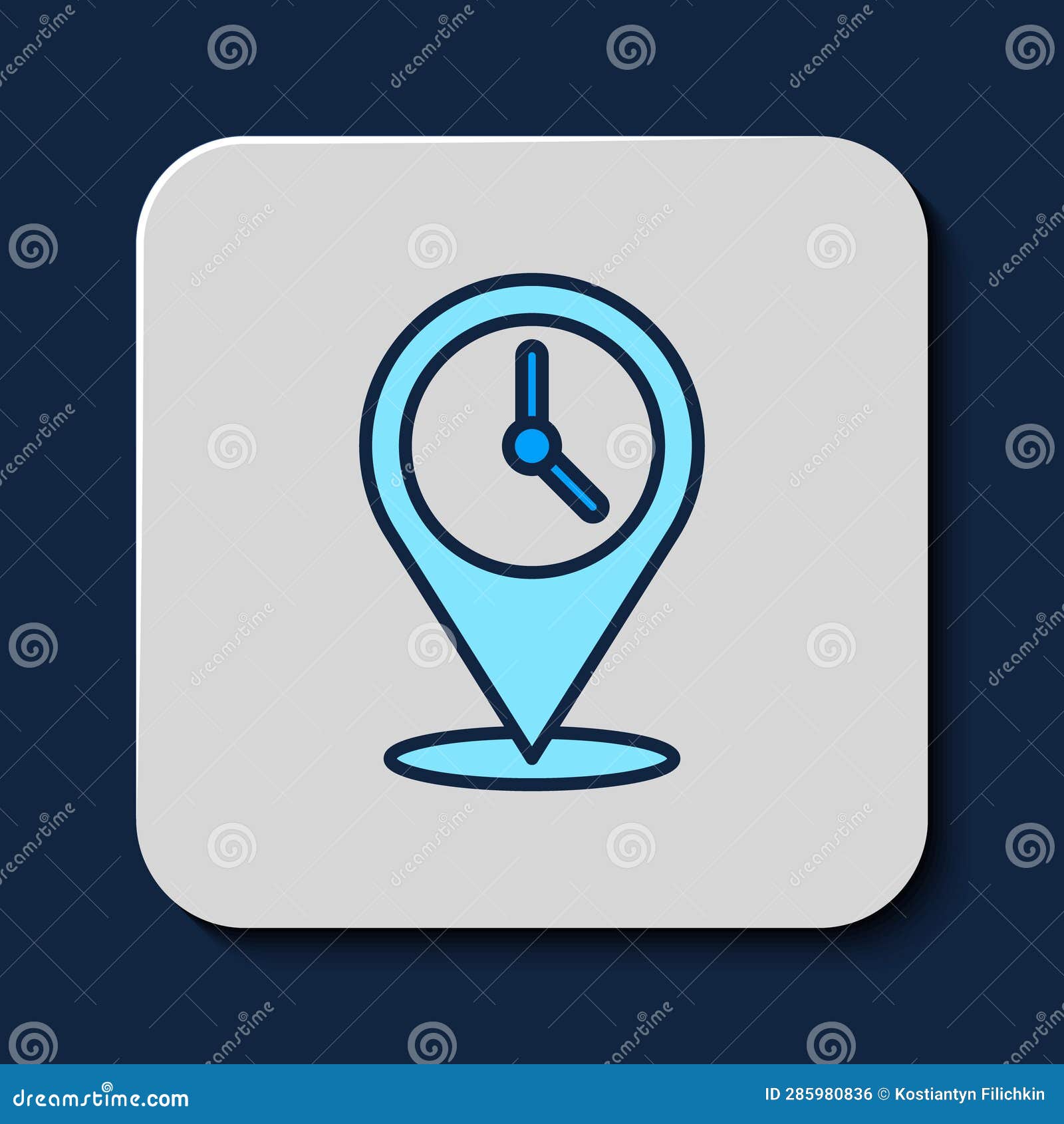 Filled Outline Location with Clock Icon Isolated on Blue Background ...