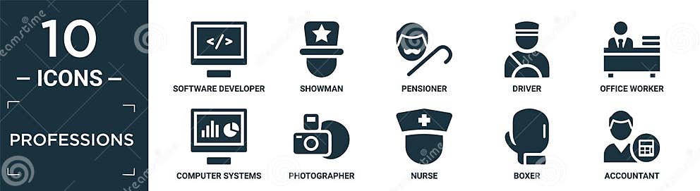 Filled Professions Icon Set. Contain Flat Software Developer, Showman ... Filled Professions Icon Set. Contain Flat Software Developer, Showman ...