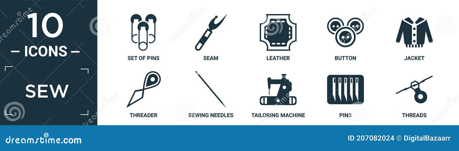 Filled Sew Icon Set. Contain Flat Set of Pins, Seam, Leather, Button ...