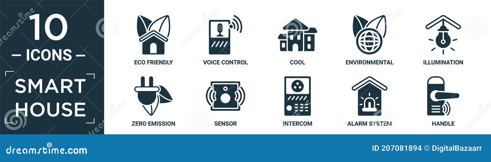 Filled Smart House Icon Set. Contain Flat Eco Friendly, Voice Control ...