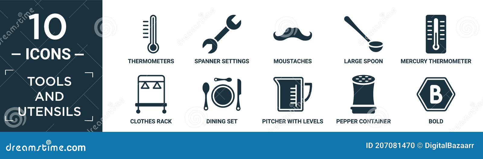 Filled Tools and Utensils Icon Set. Contain Flat Thermometers, Spanner ...