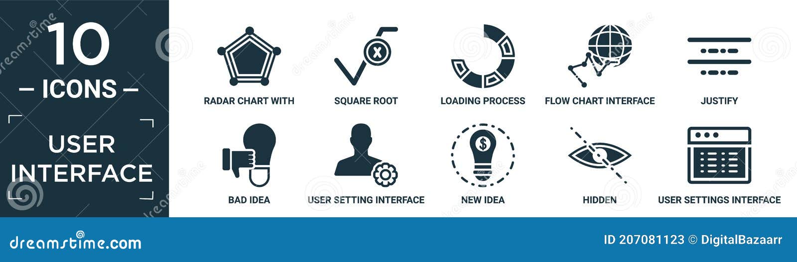 Filled User Interface Icon Set. Contain Flat Radar Chart With Pentagon ...