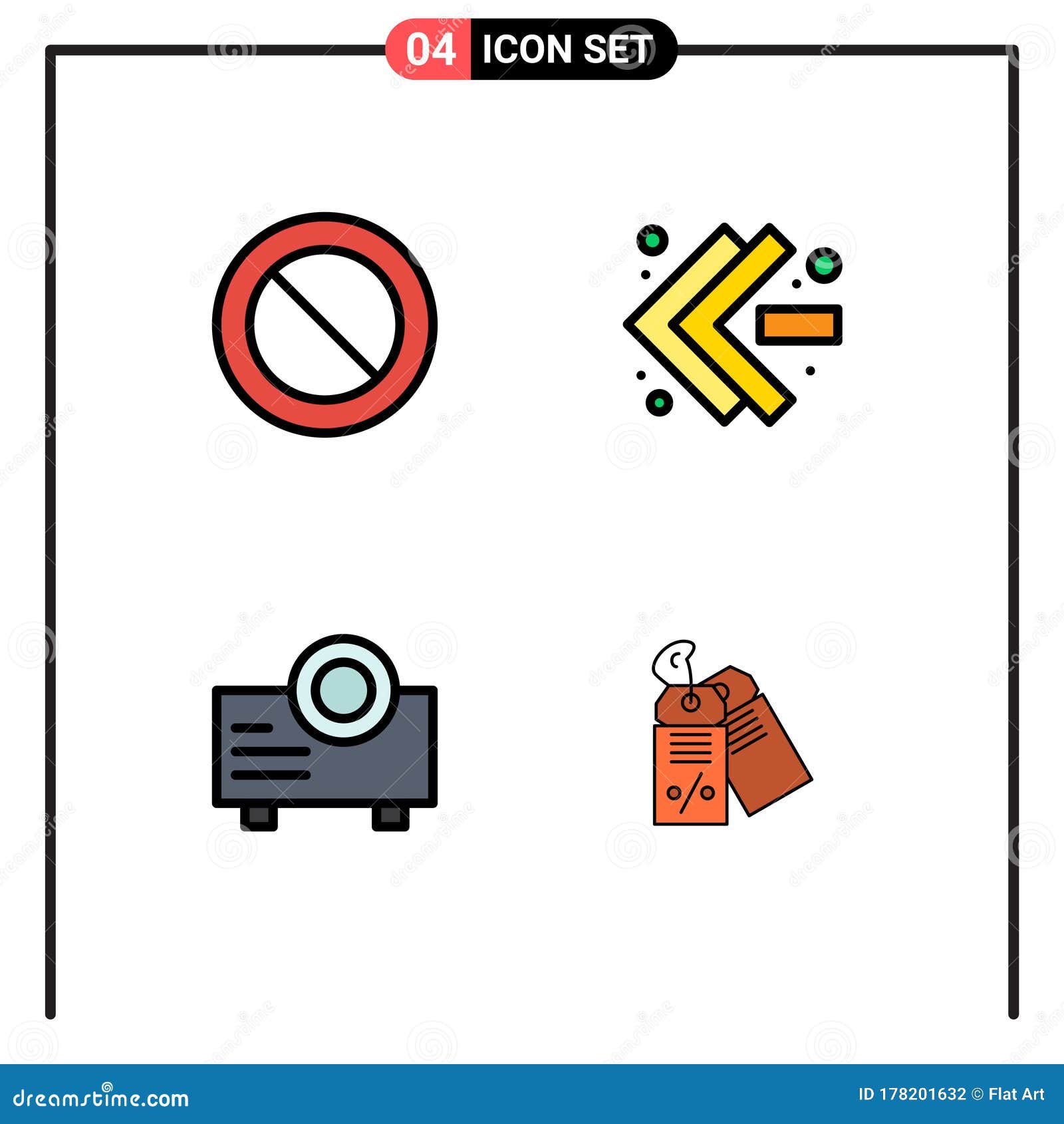 4 Universal Filledline Flat Color Signs Symbols of Ban, Label, Arrows ...