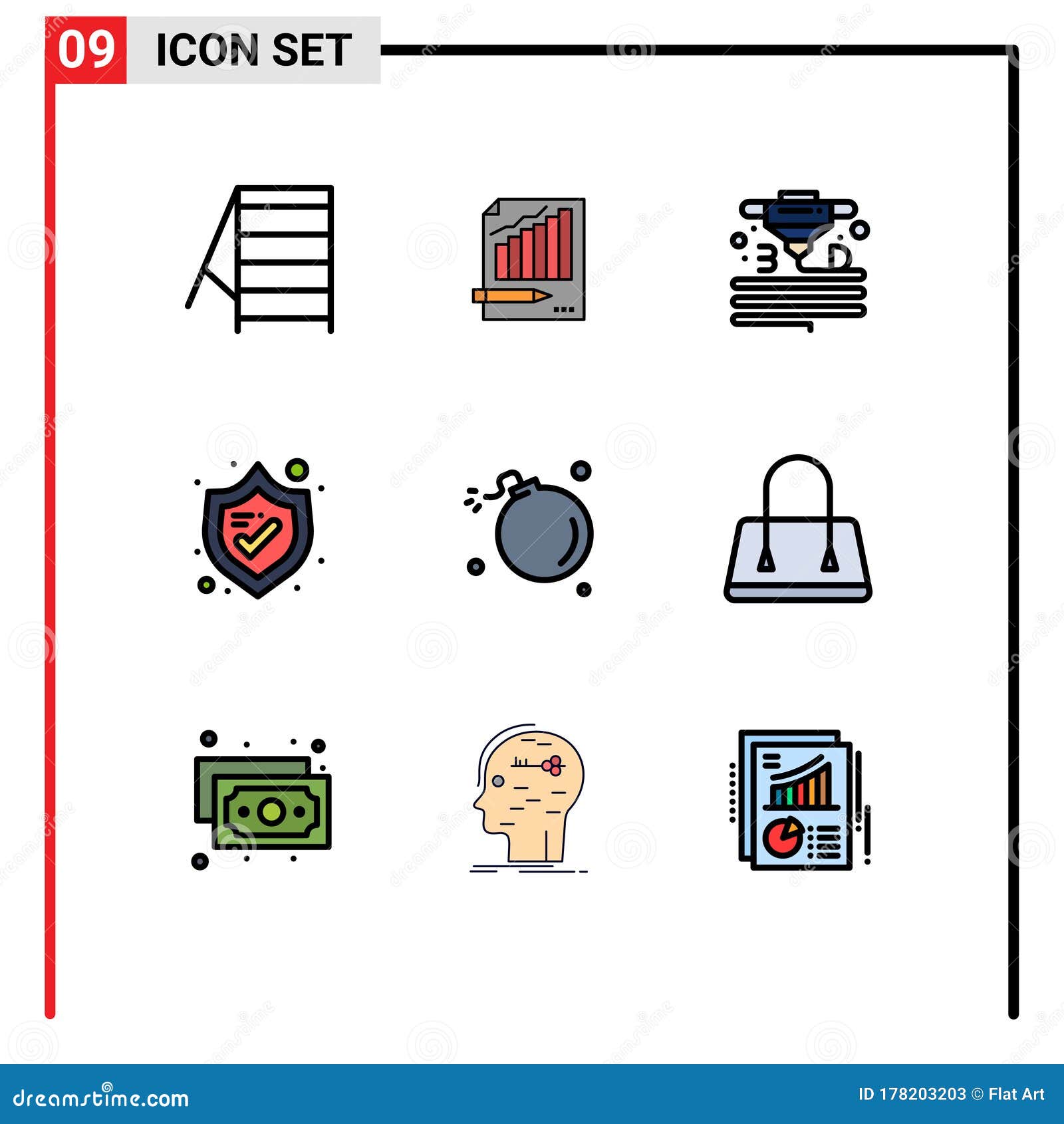 Filledline Flat Color Pack of 9 Universal Symbols of Bomb, Security ...