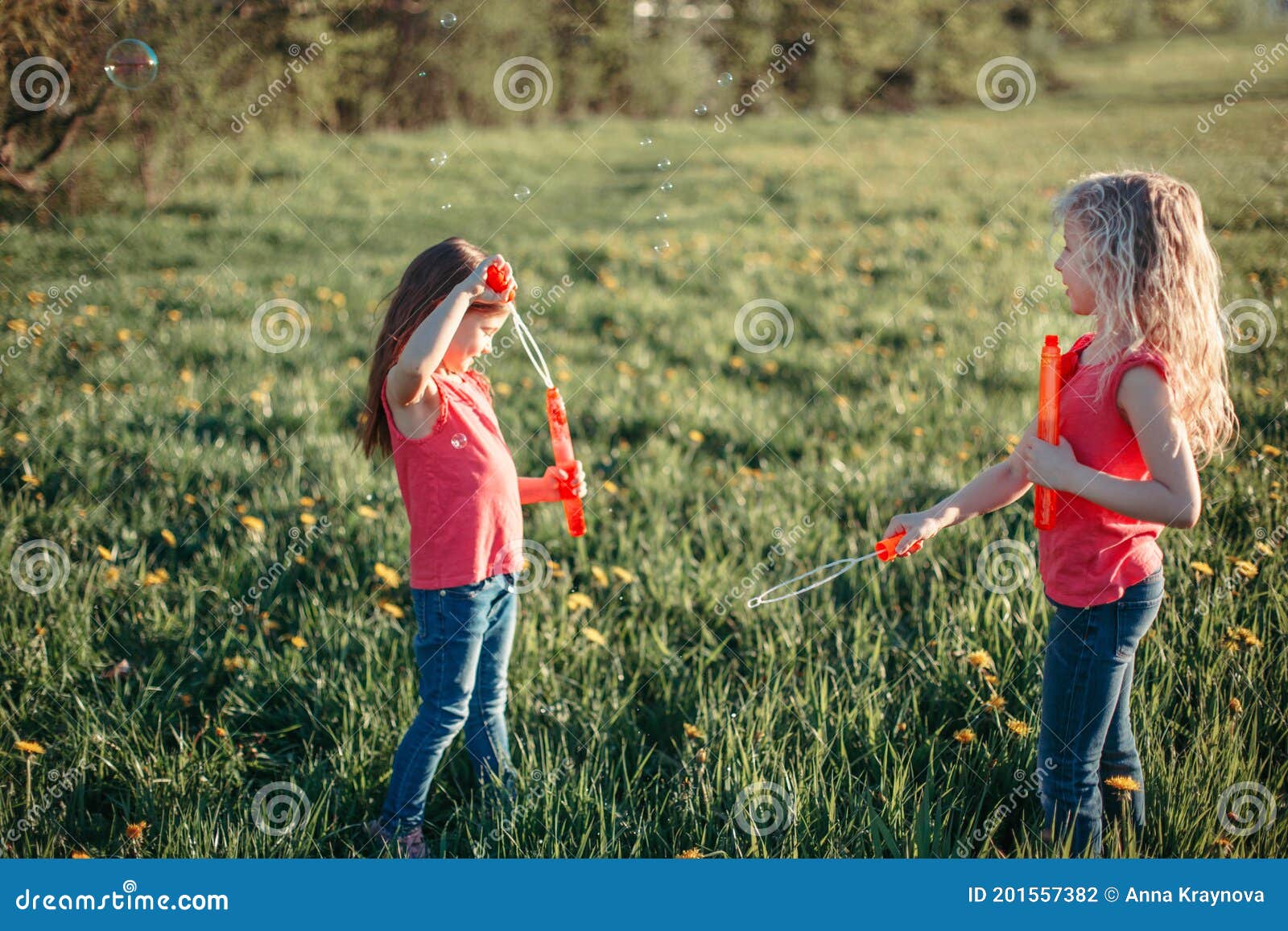 Filles Du Caucase Heureuses Soufflant Des Bulles De Savon Dans Le Parc