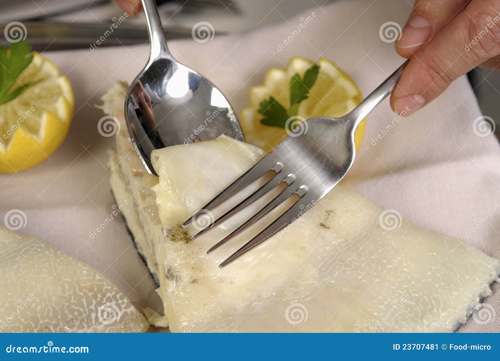 Filleting a poached turbot stock image. Image of ingredient - 23707481