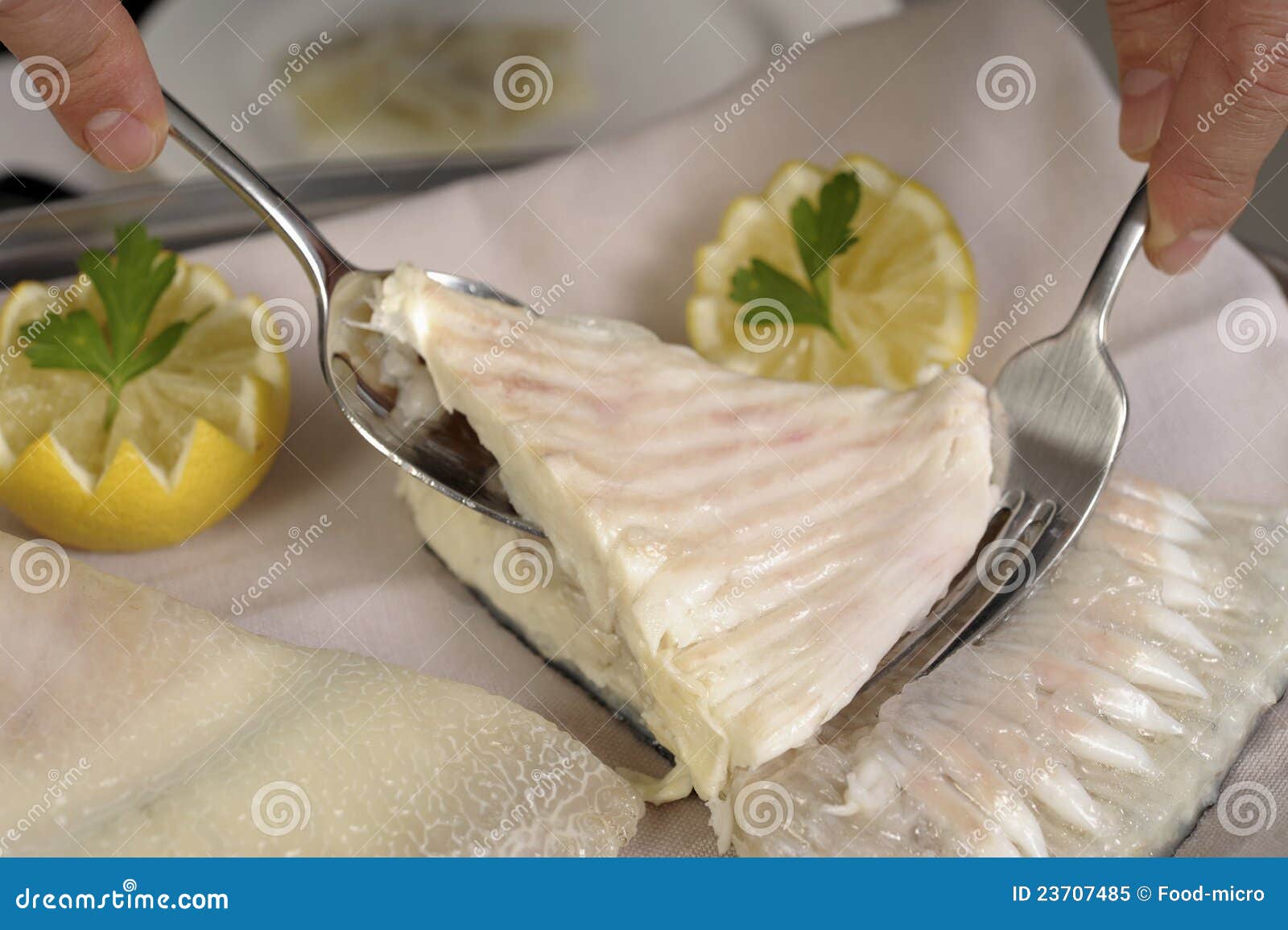 Filleting a poached turbot stock image. Image of fish - 23707485