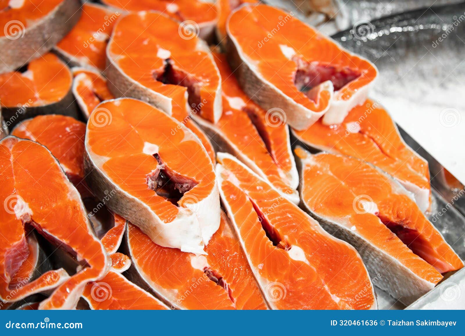 Fillets of Fresh Salmon on Supermarket Counter. Stock Photo - Image of ...