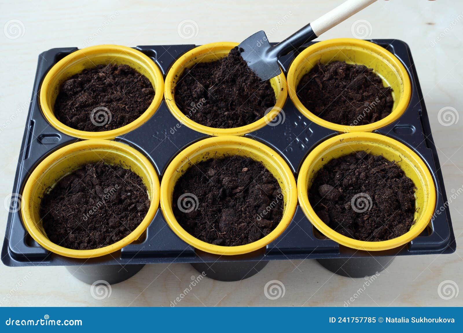Filling Plastic Yellow Pots with Seedling Substrate Stock Image - Image ...