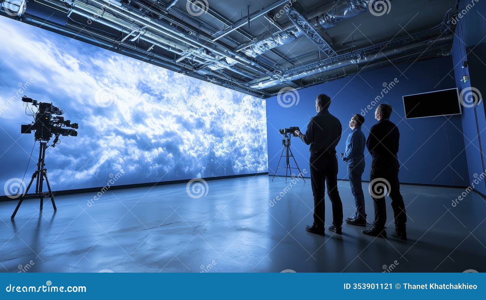 Film Crew Filming Cloudscape on Large LED Screen in Studio Stock Illustration - Illustration of ...