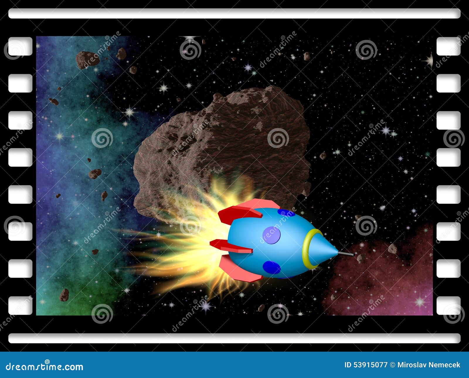 Film Frame with Asteroid and Rocket Stock Illustration - Illustration ...