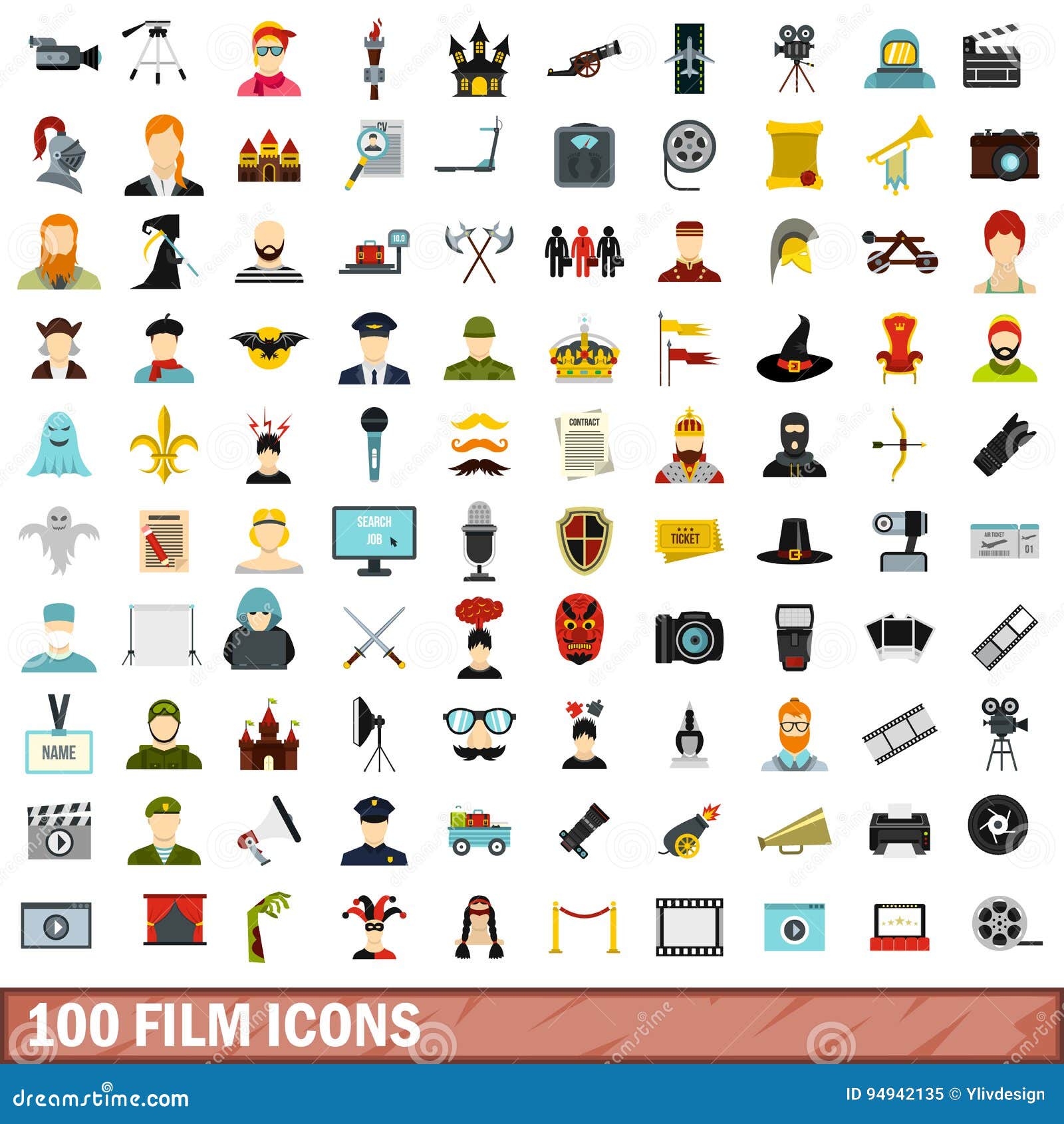 100 Film Icons Set, Flat Style Stock Vector - Illustration of mask ...