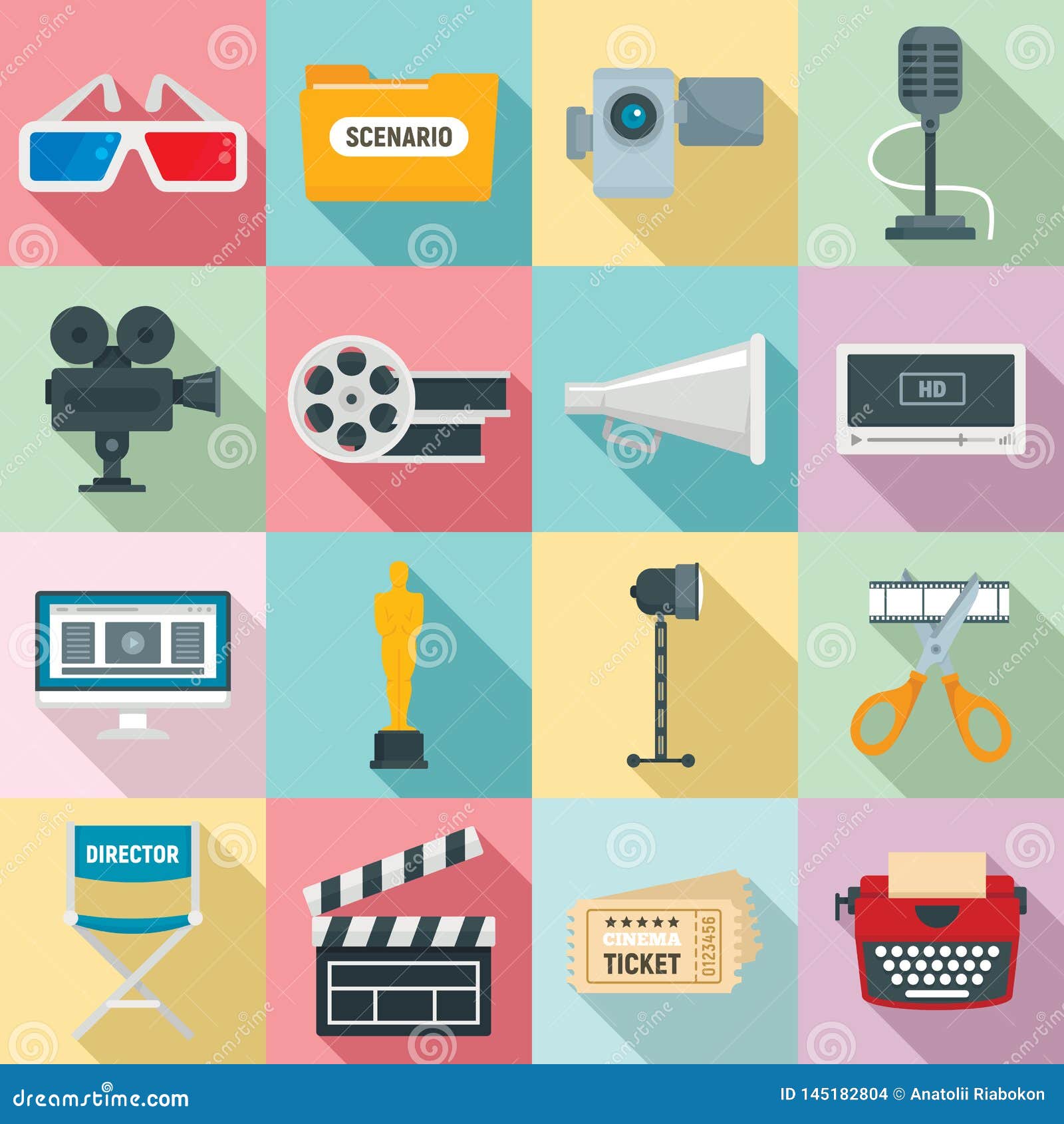 Film Production Icons Set, Flat Style Stock Vector - Illustration of ...