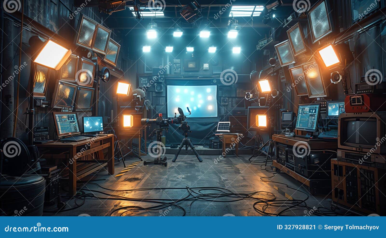 A Film Studio Set with Multiple Monitors and Lighting Equipment Stock ...