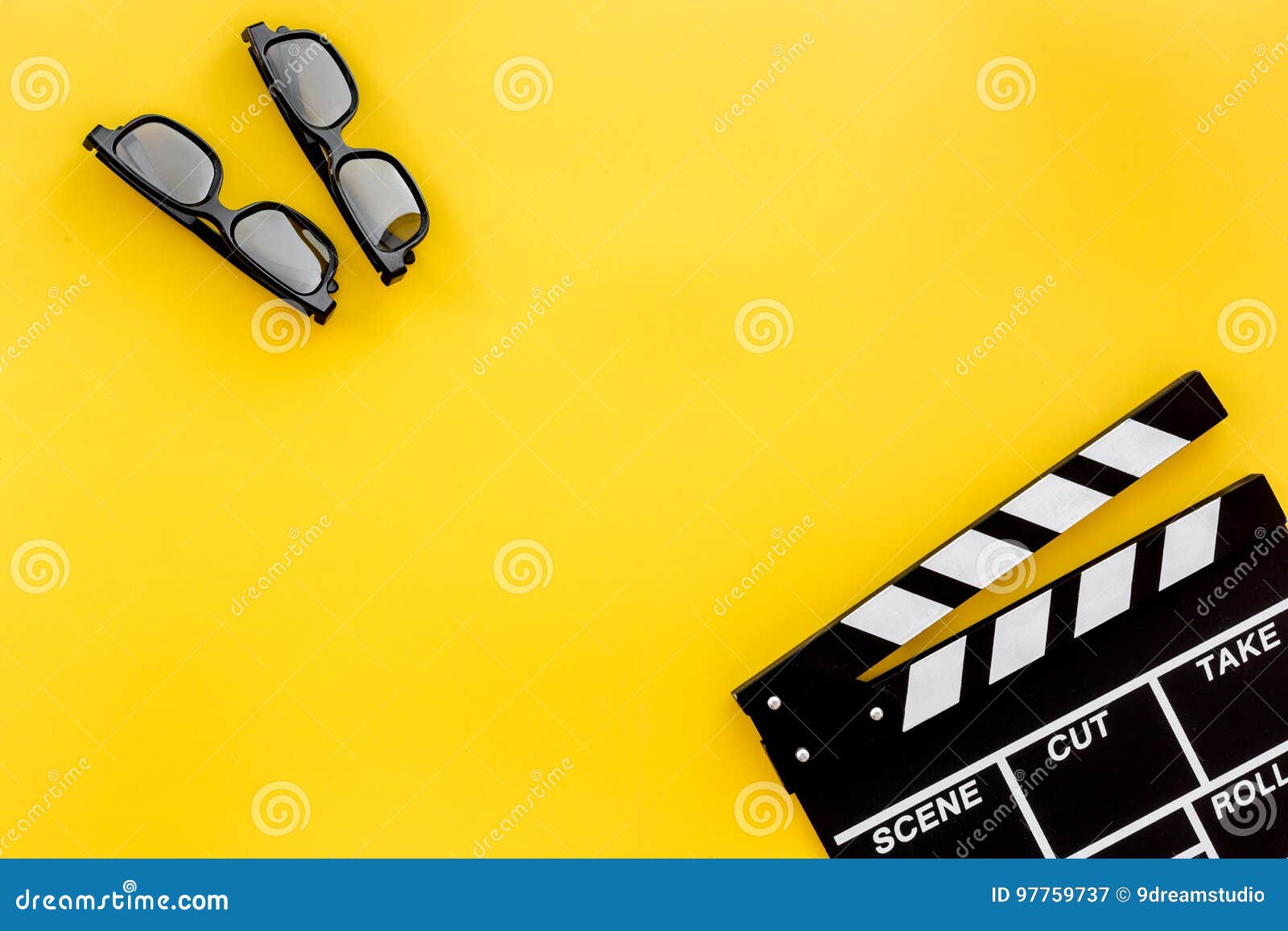 Filmmaker Accessories. Clapperboard and Glasses on Yellow Background ...