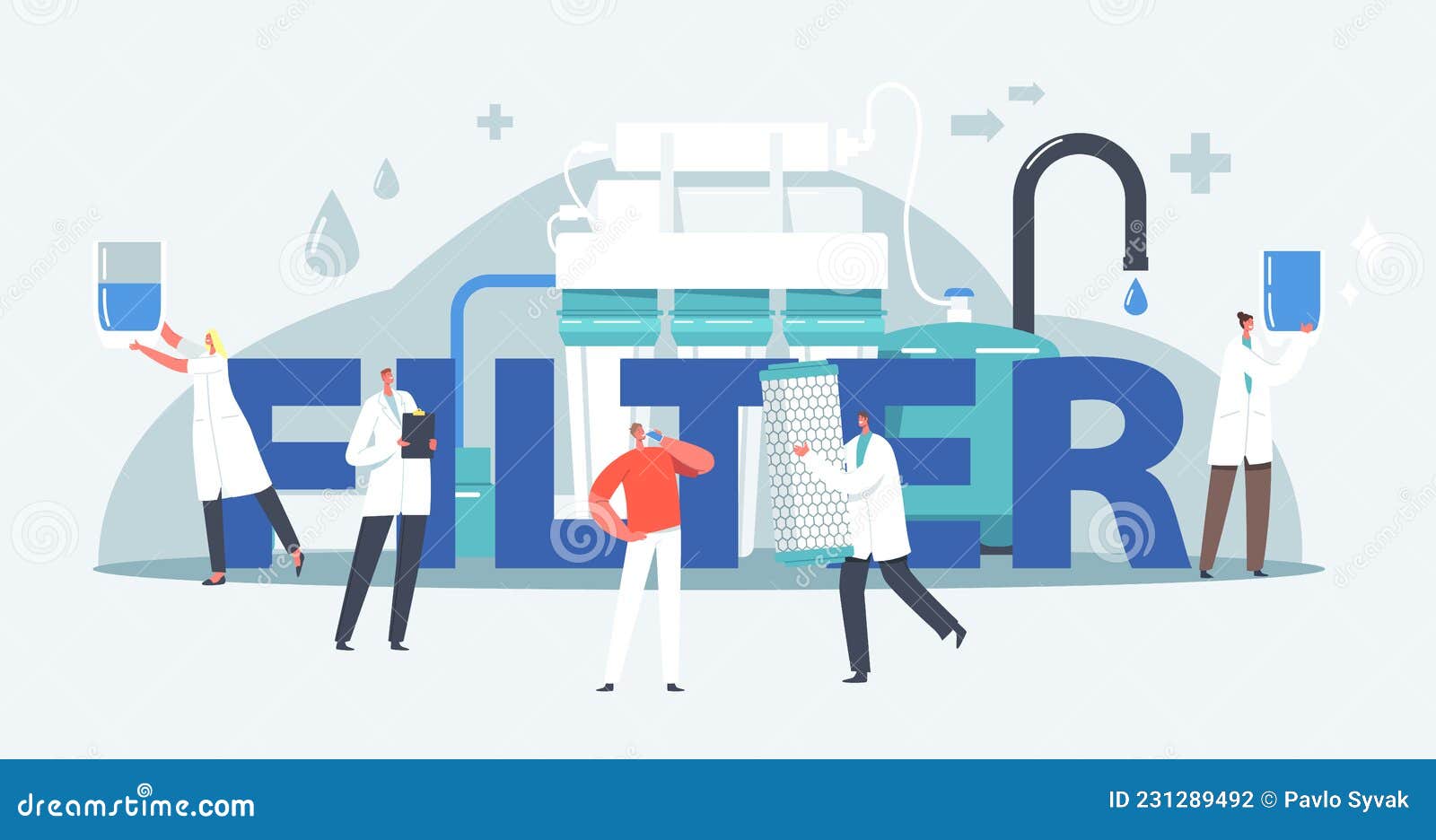 Filter Concept. Tiny Scientist Characters Use Huge Water Treatment ...