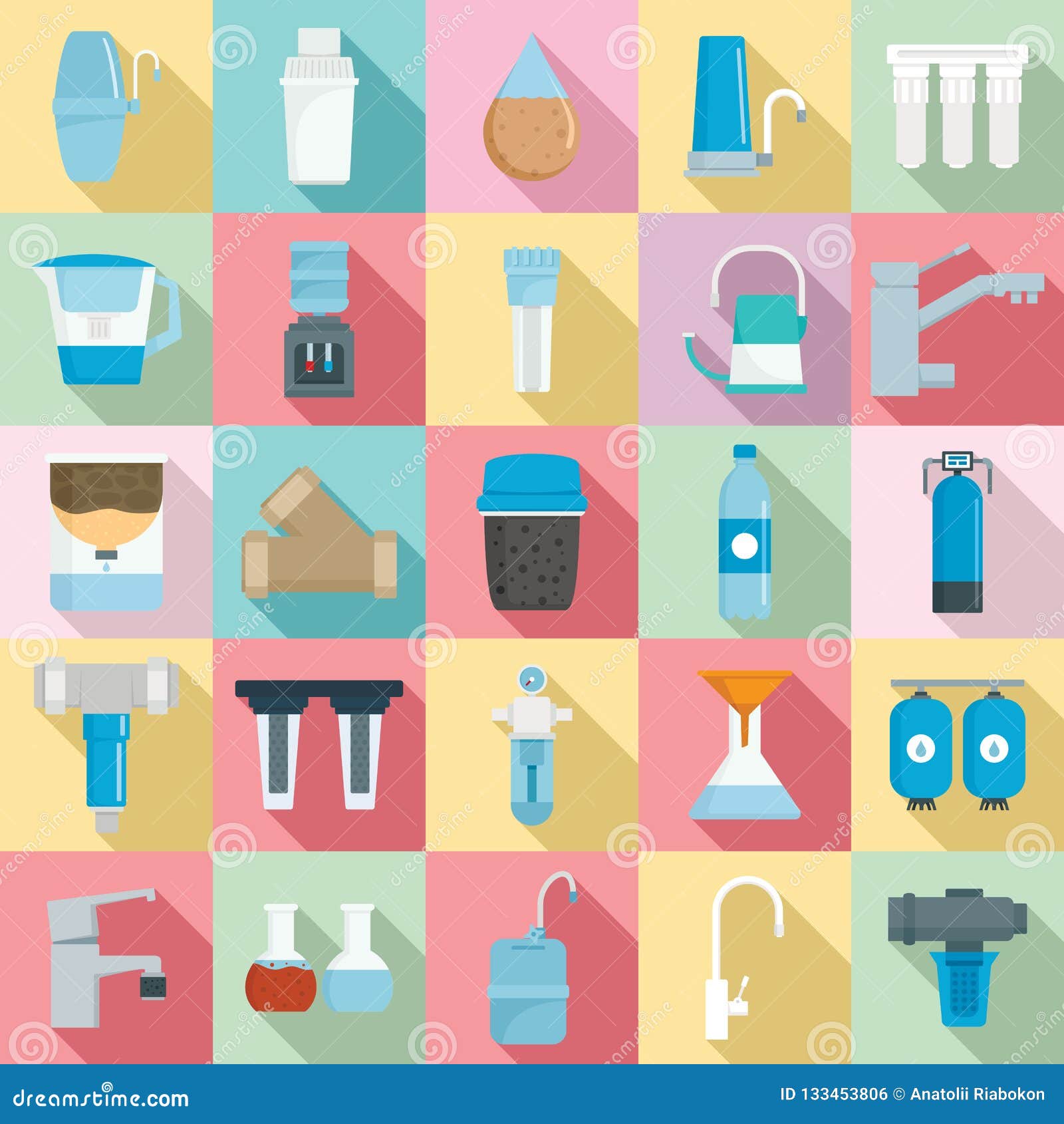 Filter Water Icon Set, Flat Style Stock Vector - Illustration of ...