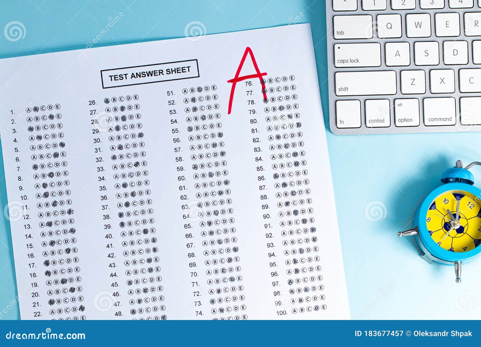 Final Exam Marked with a+ with Red Pencil on Blue Background, Top View ...