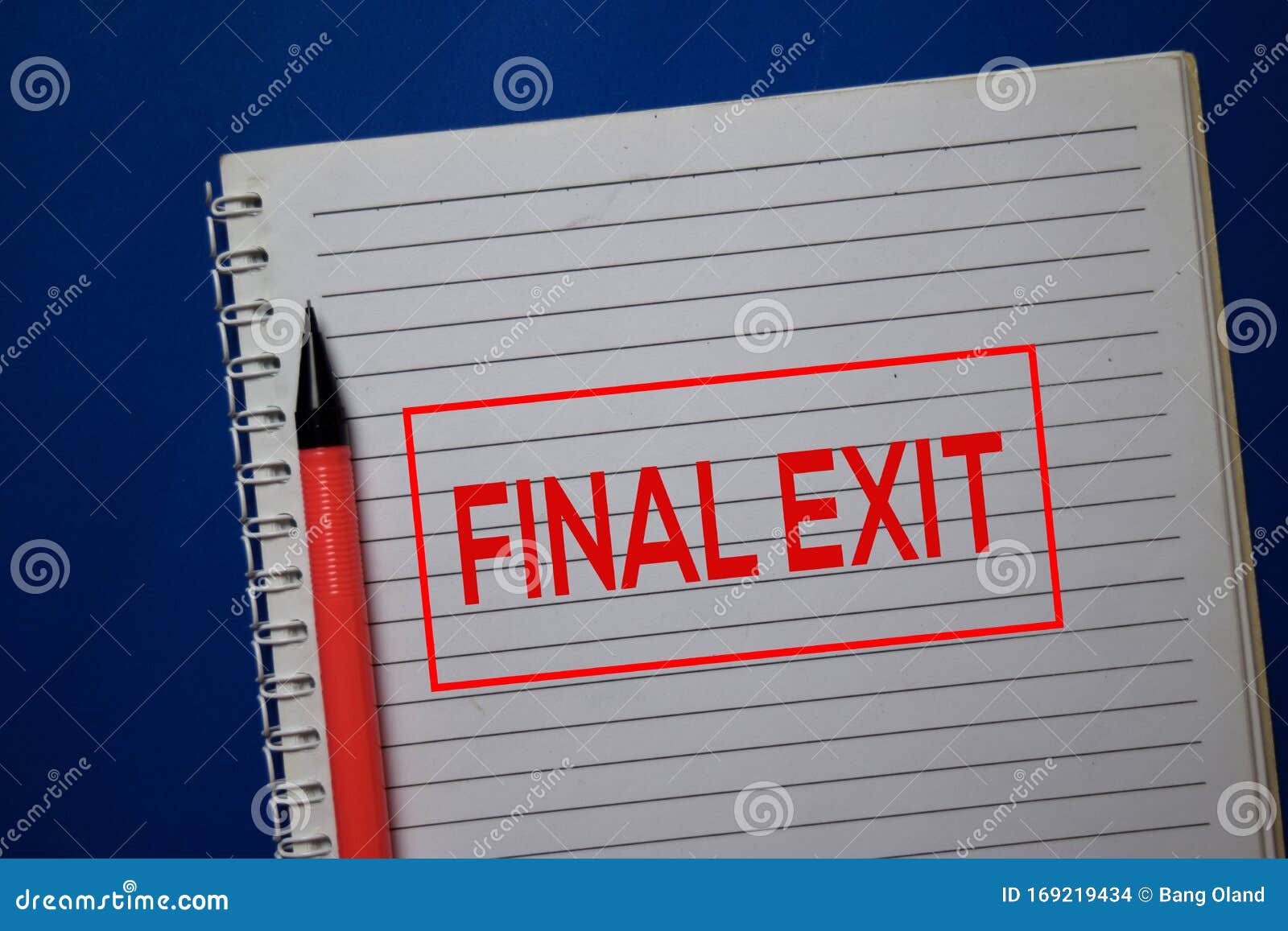 Final Exit Write on a Book Isolated on Blue Background Stock Photo ...