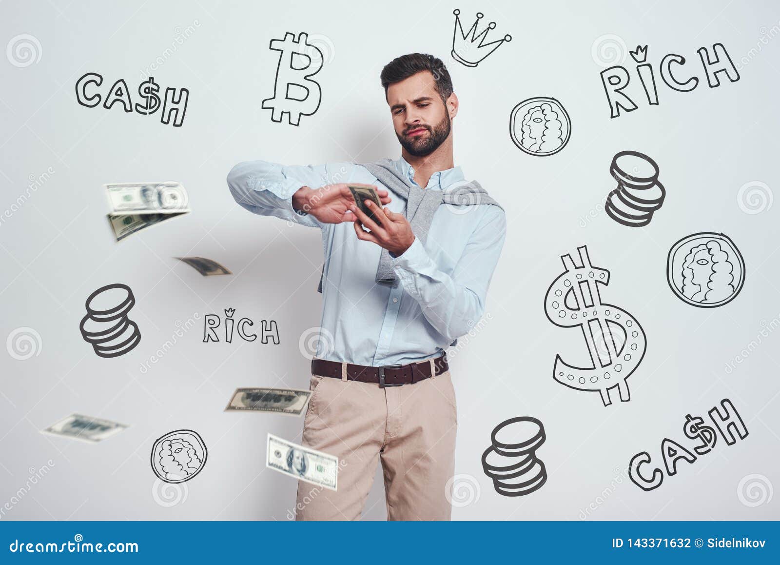 Finally Rich. Confident Bearded Man is Scattering Dollars while ...