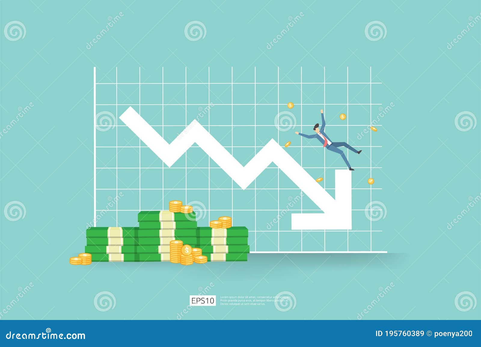 Finance Crisis Concept with Business Man Character. Money Fall Down with Arrow Decrease Symbol ...