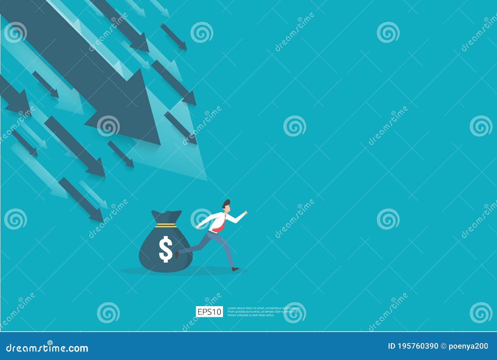Finance Crisis Concept with Business Man Character. Money Fall Down with Arrow Decrease Symbol ...