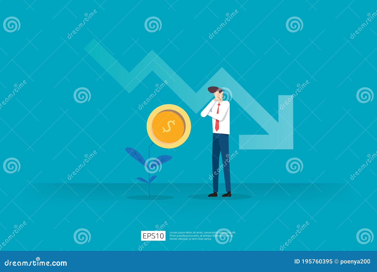 Finance Crisis Concept with Business Man Character. Money Fall Down with Arrow Decrease Symbol ...