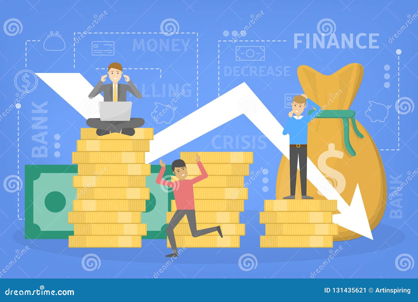 Finance Crisis with Falling Down Graph and Money Decrease Stock Vector - Illustration of cost ...