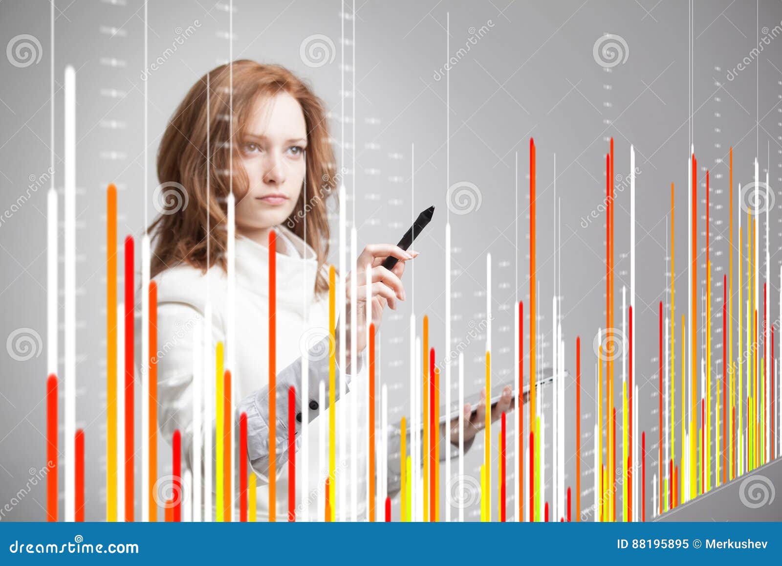 Finance Data Concept. Woman Working with Analytics. Chart Graph ...