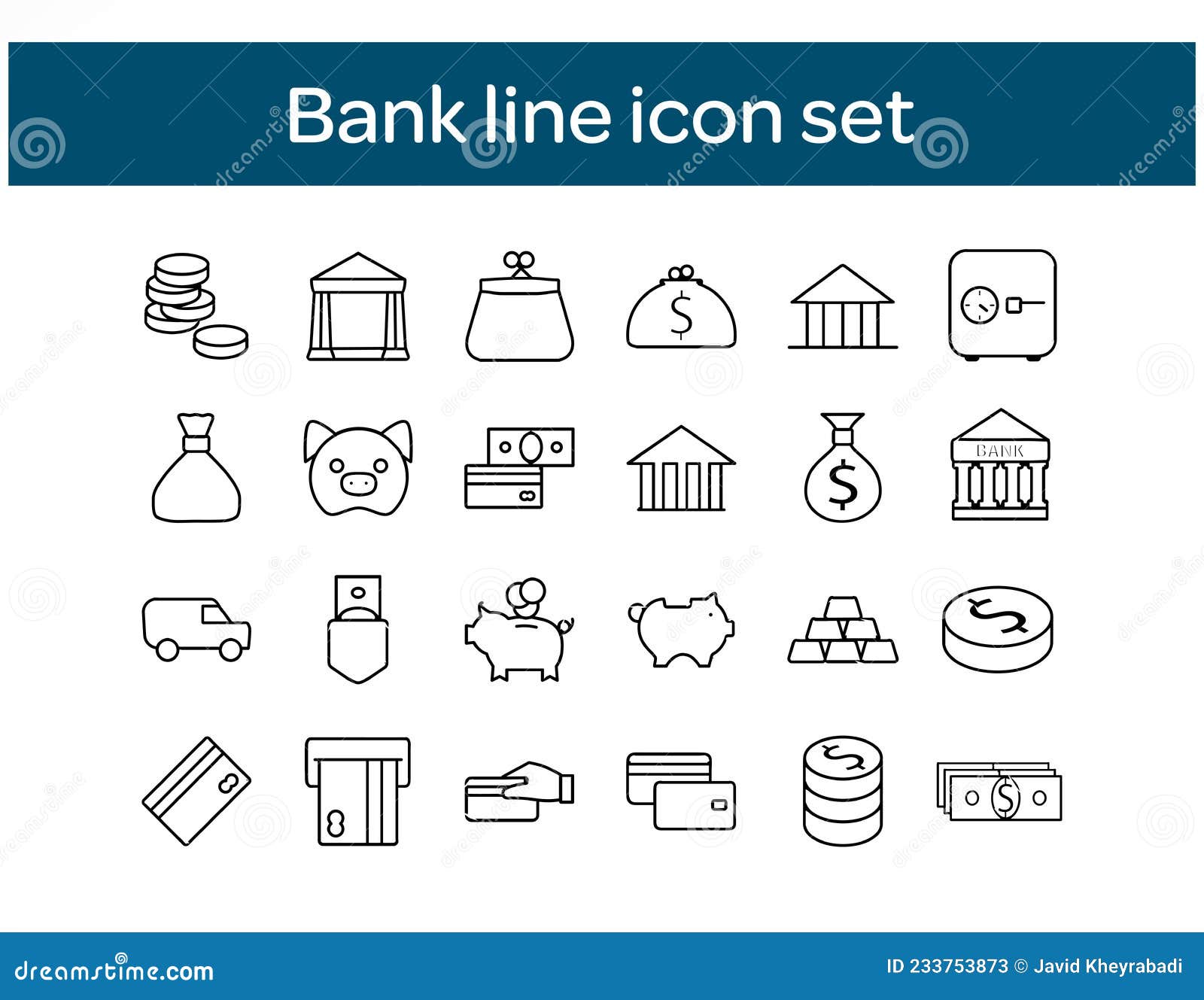 Finance Icon. Bank Icon Set with Safe, Piggy Bank Line Icon Stock ...