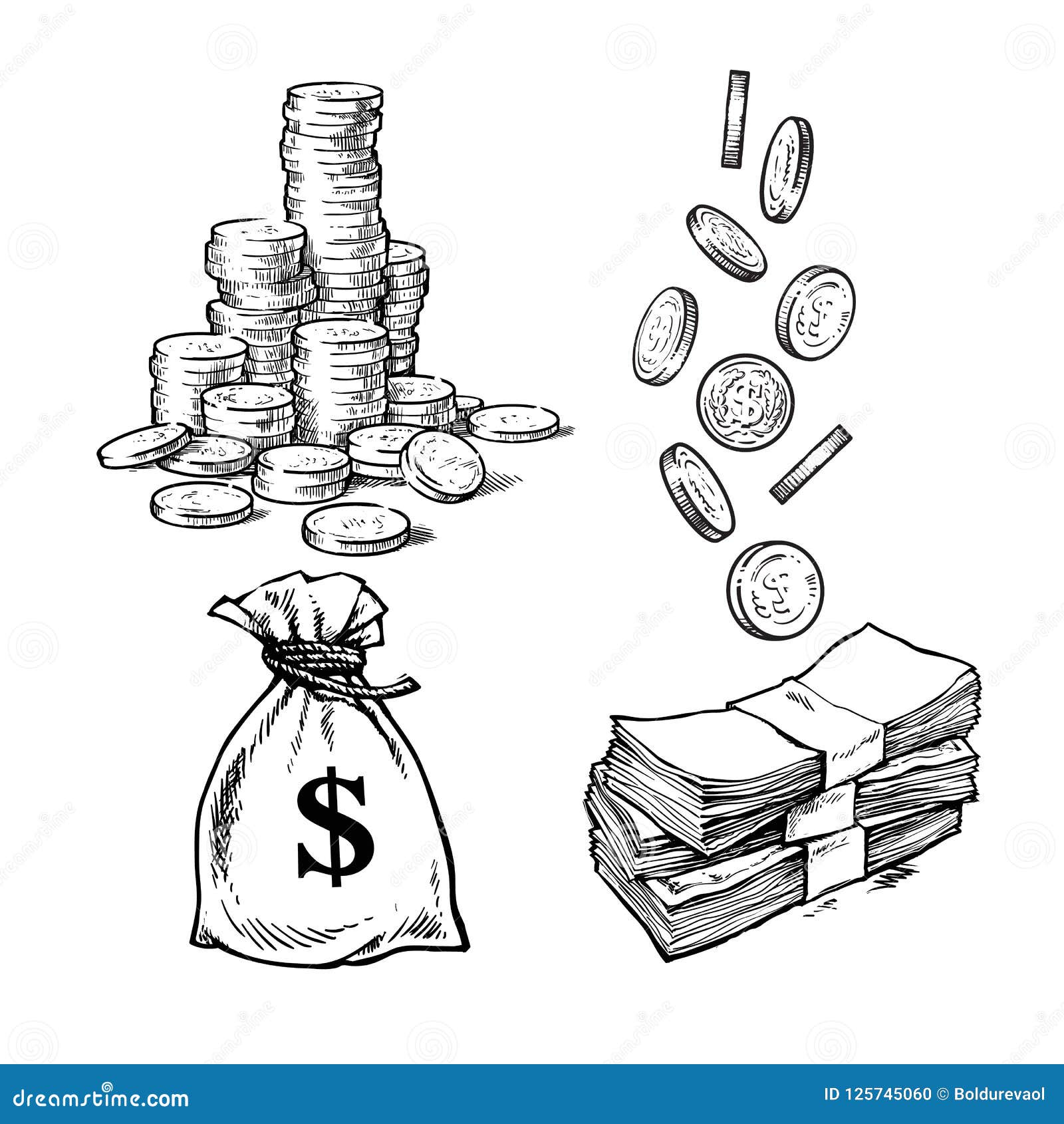 Finance, Money Set. Sketch of Stack of Coins, Paper Money, Sack of ... Finance, Money Set. Sketch of Stack of Coins, Paper Money, Sack of ...