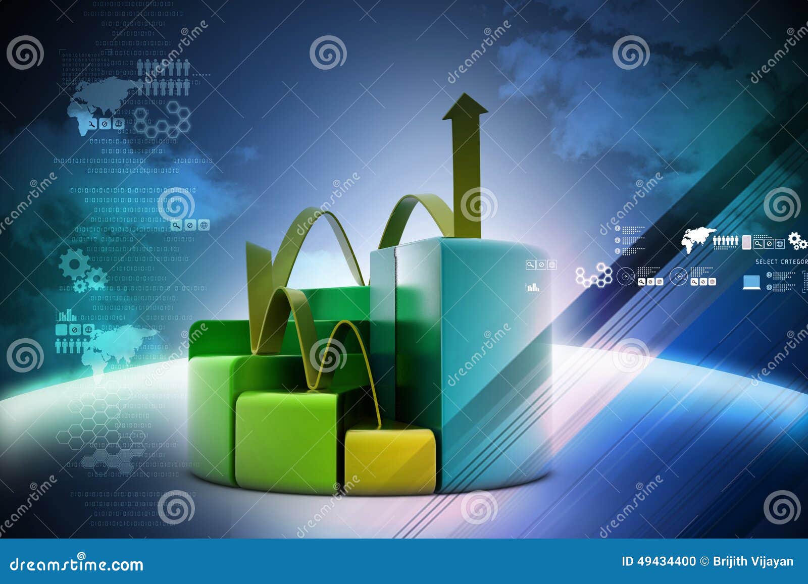 Finance Pie and Bar Chart Graphs with Growing Arrow Stock Illustration ...
