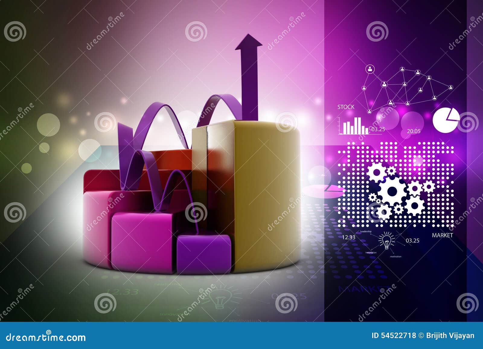 Finance Pie and Bar Chart Graphs with Growing Arrow Stock Illustration ...